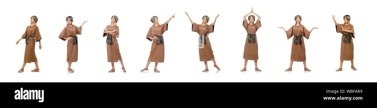 The woman wearing medieval arab clothing on white Stock Photo - Alamy