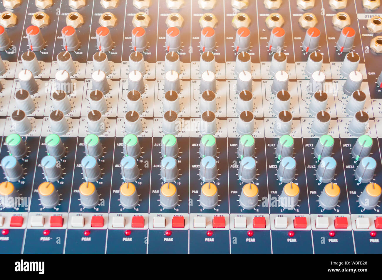 Close up Volume adjusting knobs on audio mixer controller in control ...