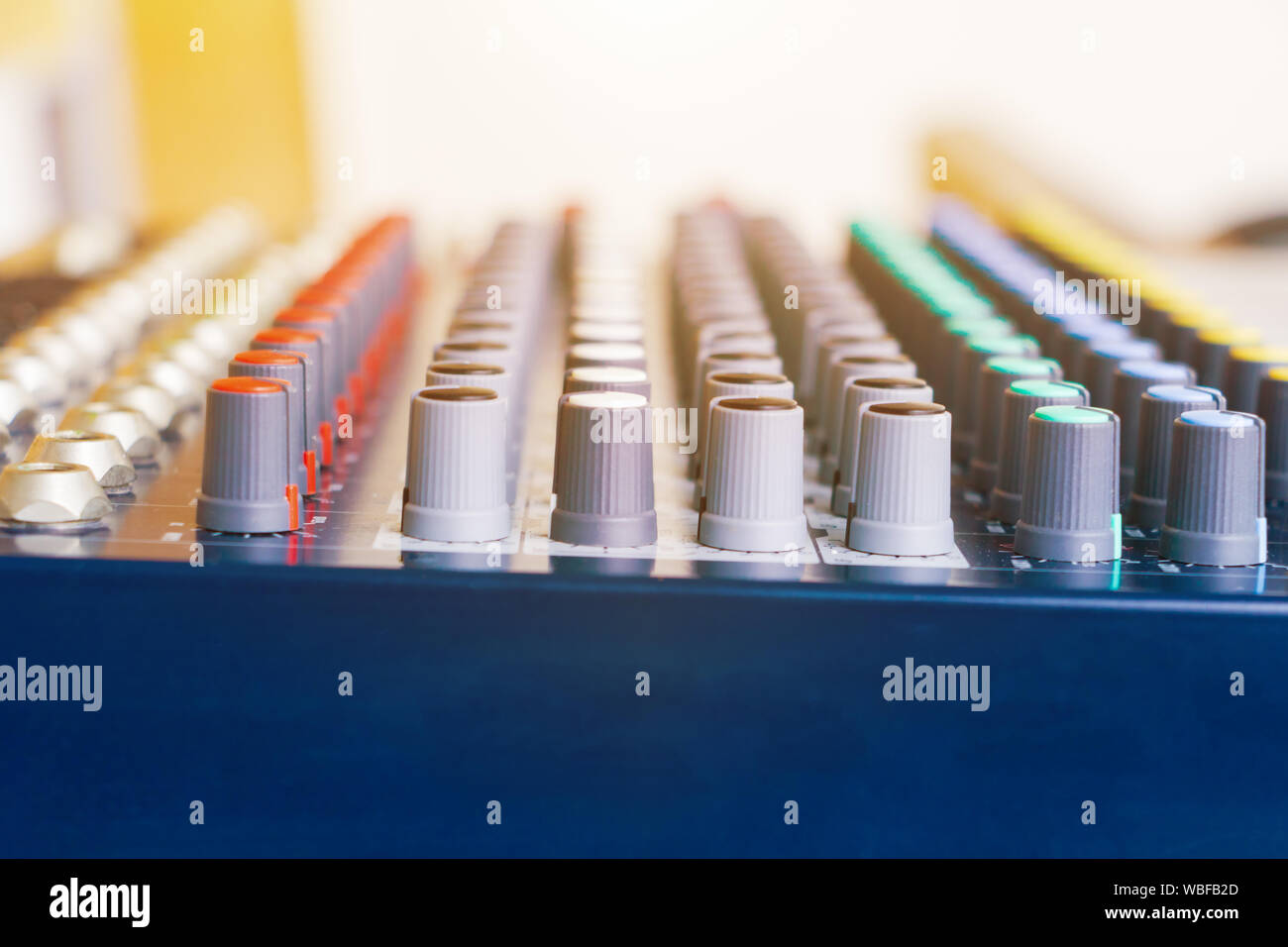 Close up Volume adjusting knobs old on audio mixer controller in ...