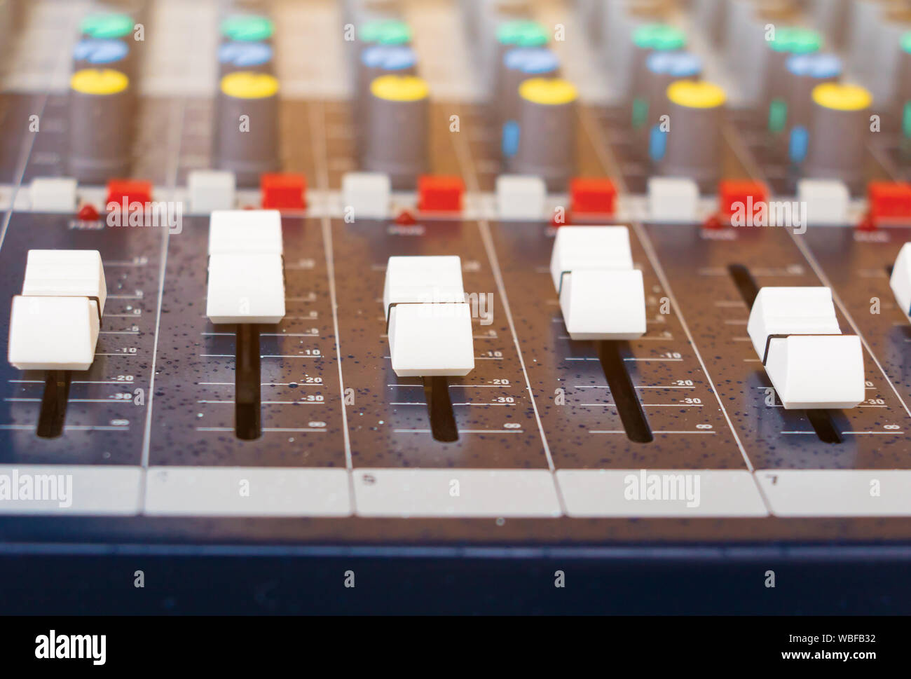Close up fader of sound mixer old Volume adjusting knobs controller in ...