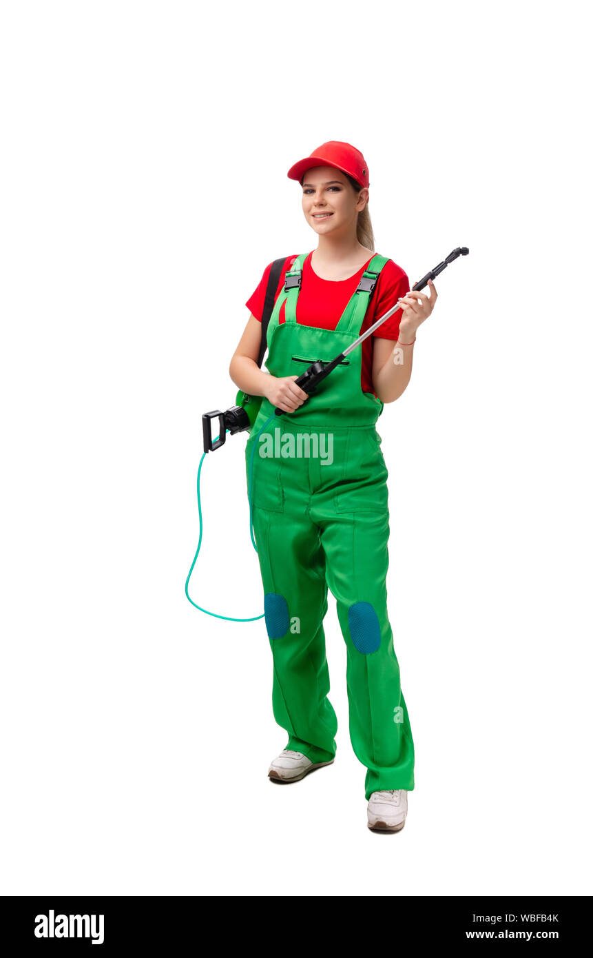 The female pest control contractor isolated on white Stock Photo - Alamy