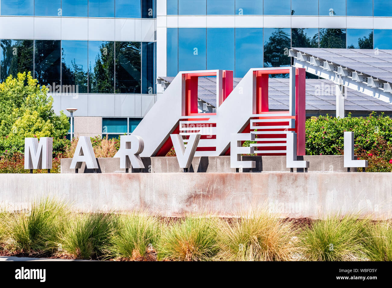 August 26, 2019 Santa Clara / CA / uSA - Close up of Marvell Technology ...