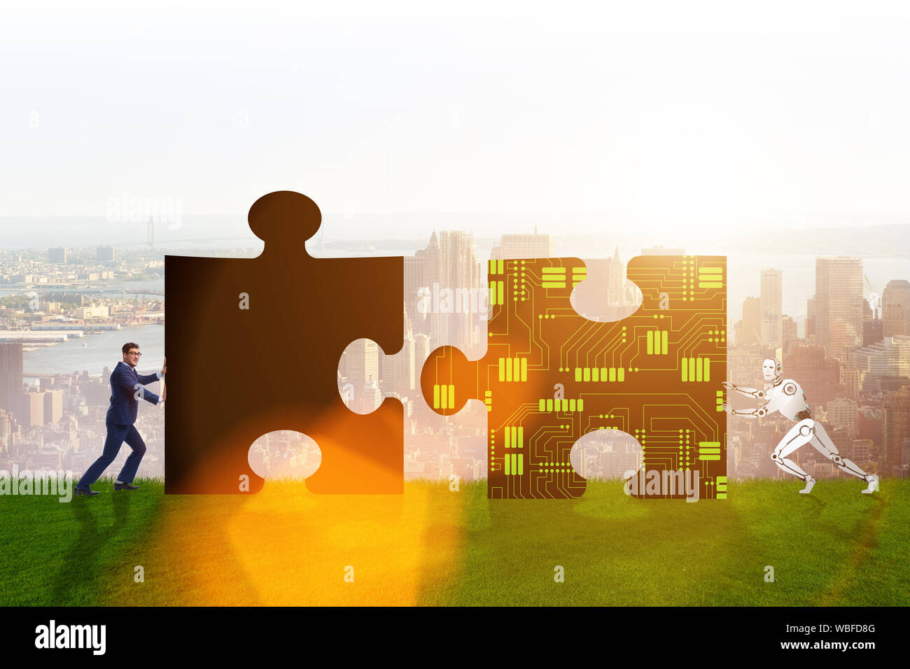 The robot and human cooperating in jigsaw puzzle Stock Photo - Alamy