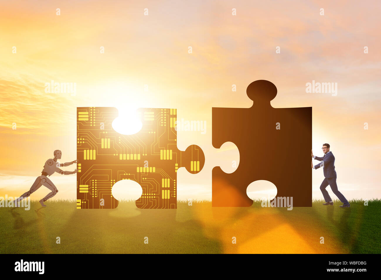 The robot and human cooperating in jigsaw puzzle Stock Photo - Alamy