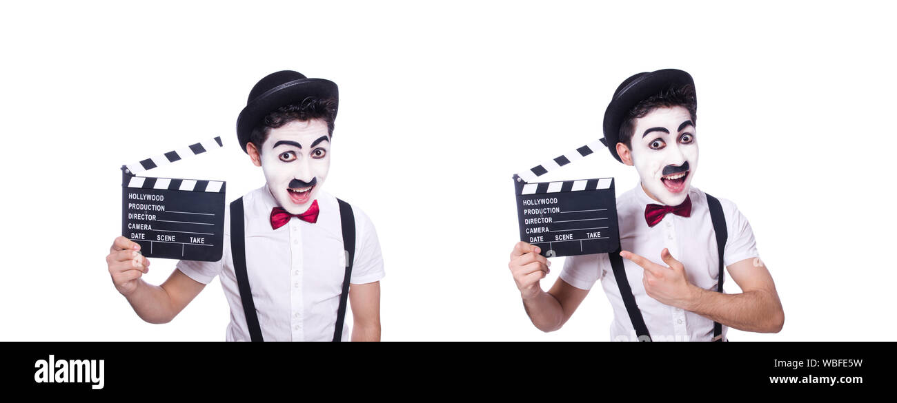 The man with movie clapper isolated on white Stock Photo - Alamy