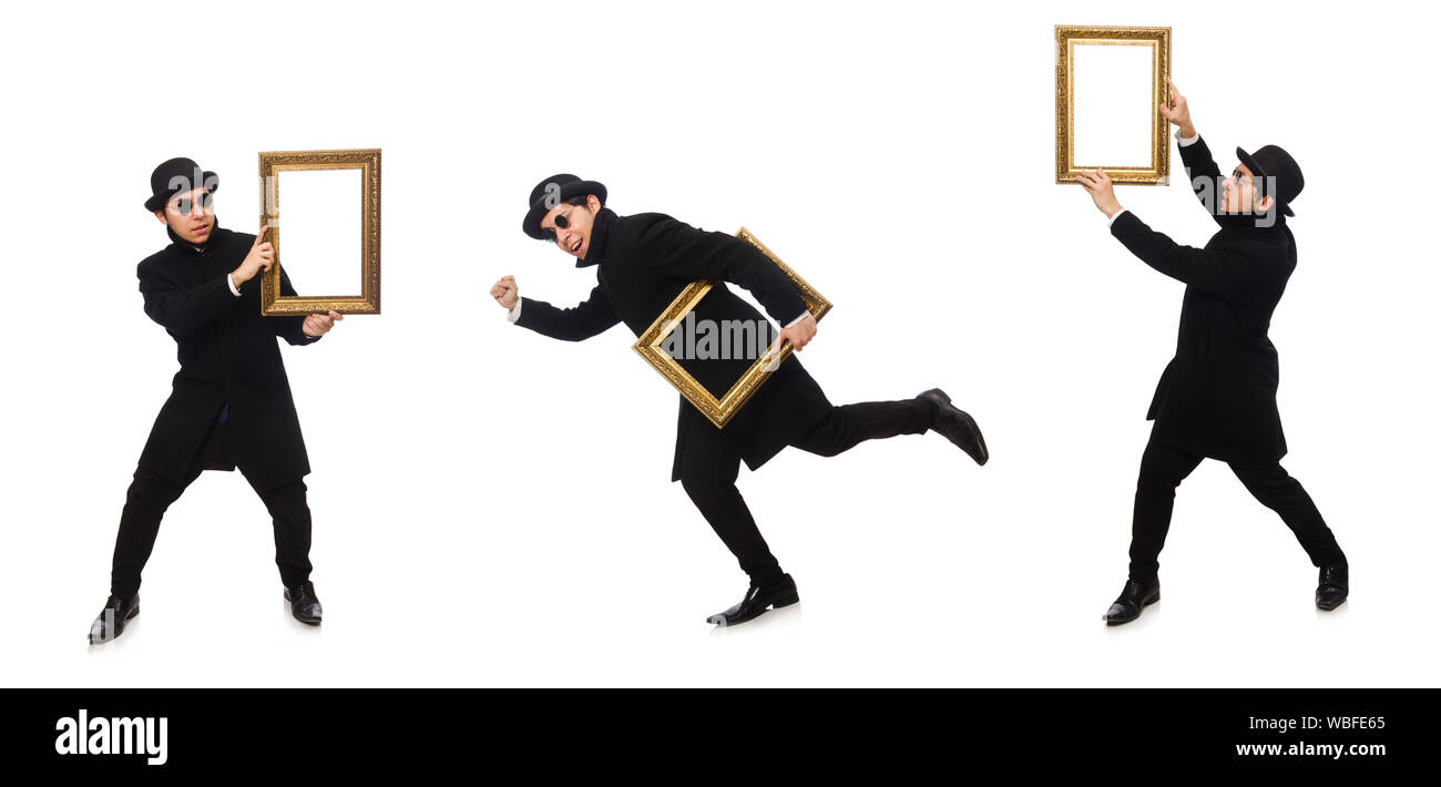 The young man holding frame isolated on white Stock Photo - Alamy