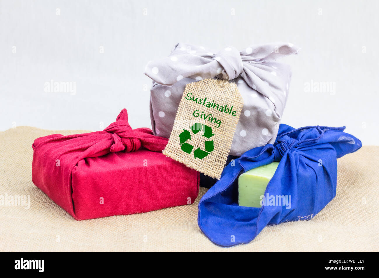 Reusable fabric wrapping for gifts, sustainable living concept, zero ...