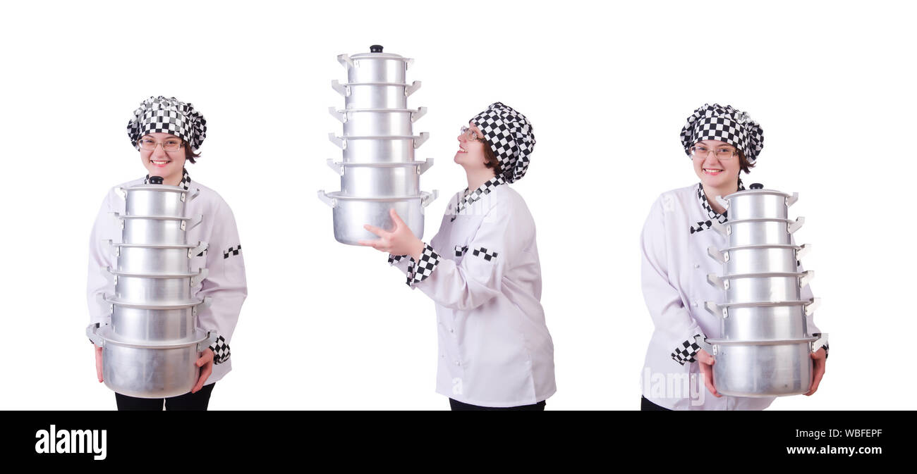 The cook with stack of pots on white Stock Photo - Alamy