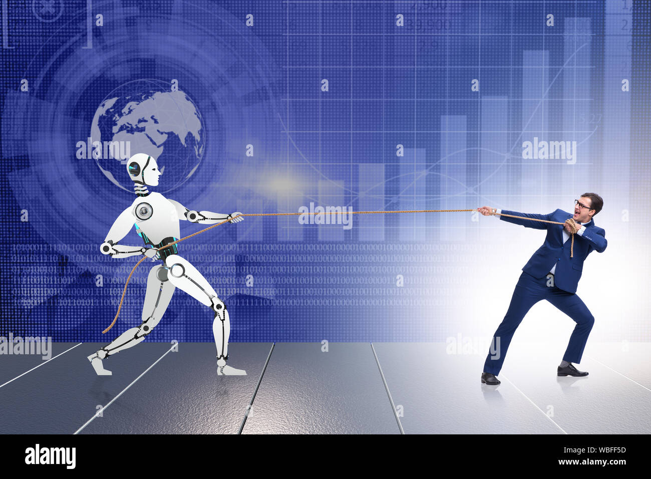 The competition between humans and robots in tug of war concept Stock ...