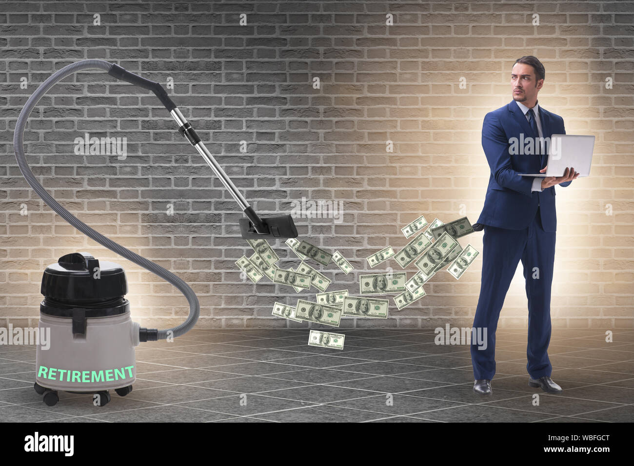 The businessman and vacuum cleaner sucking money out of him Stock Photo ...