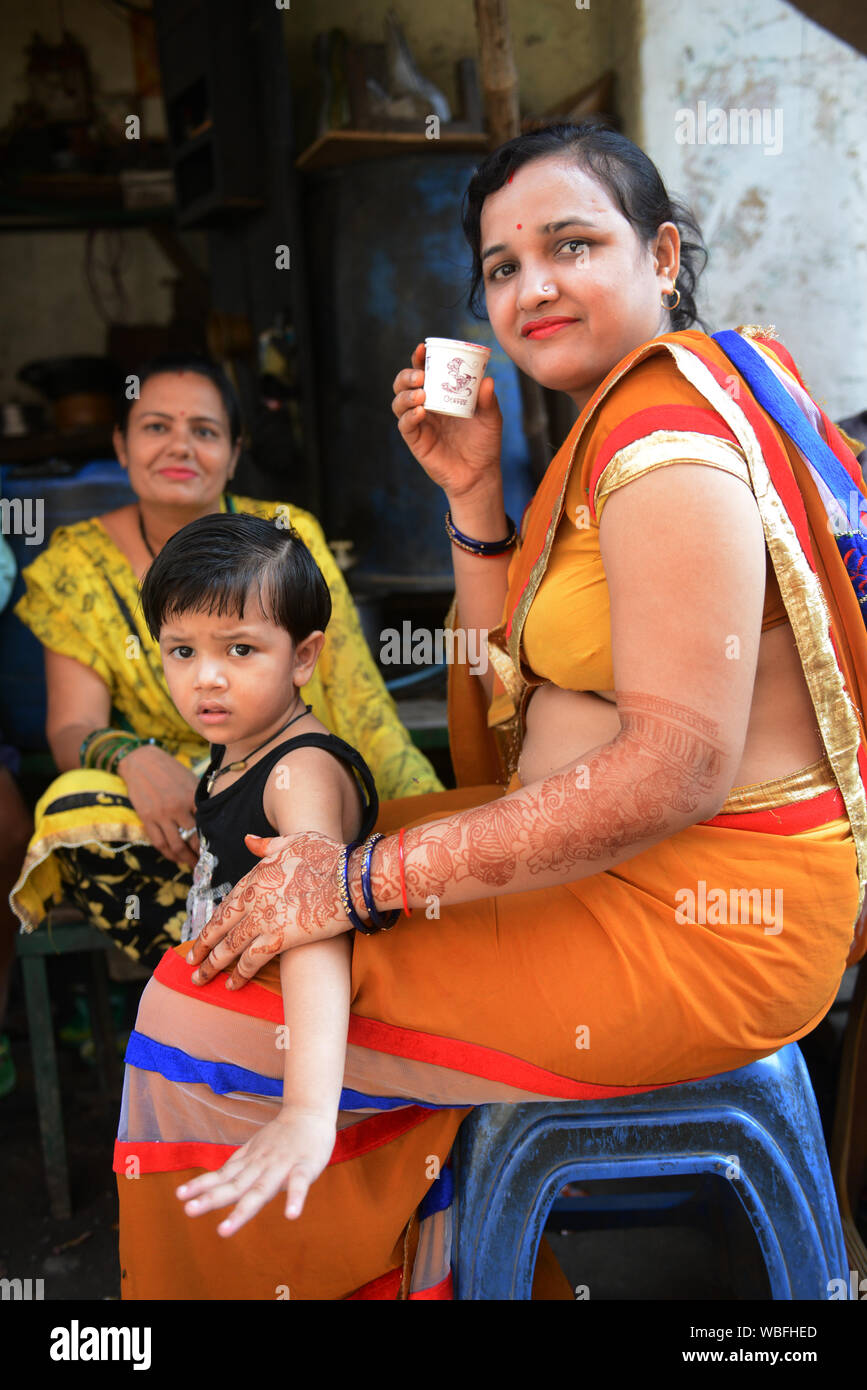 Indian women from Madhya Pradesh drinking tea in a small tea-shop in ...
