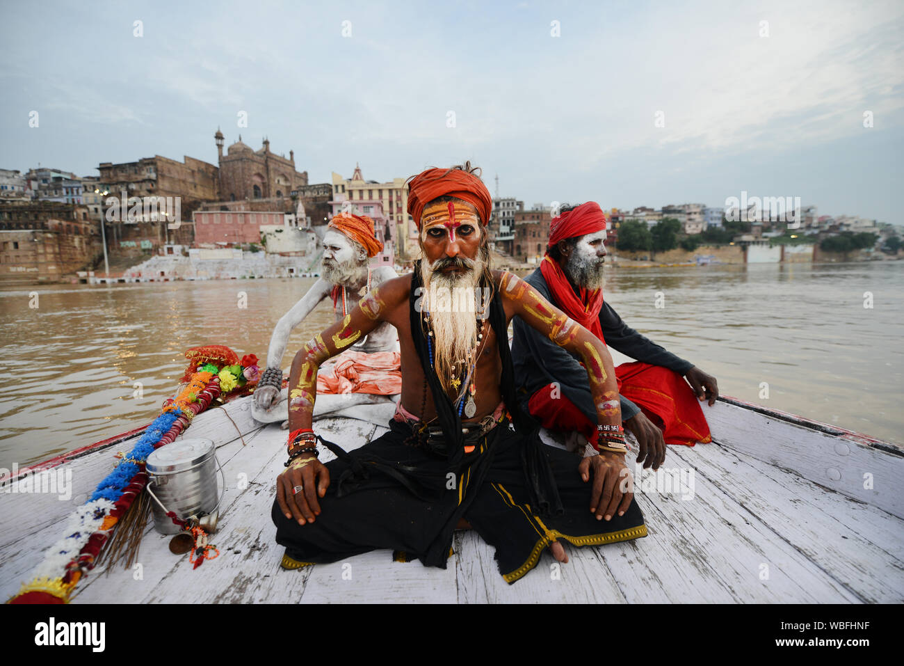 Shaiva sadhus in On the Ganges in Varanasi Stock Photo - Alamy