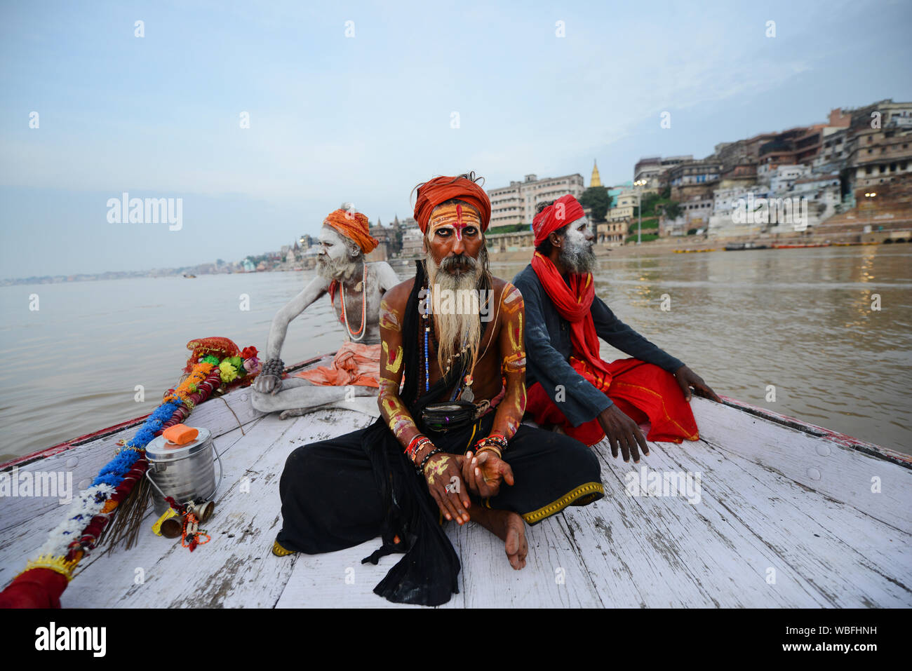 Shaiva sadhus in On the Ganges in Varanasi Stock Photo - Alamy
