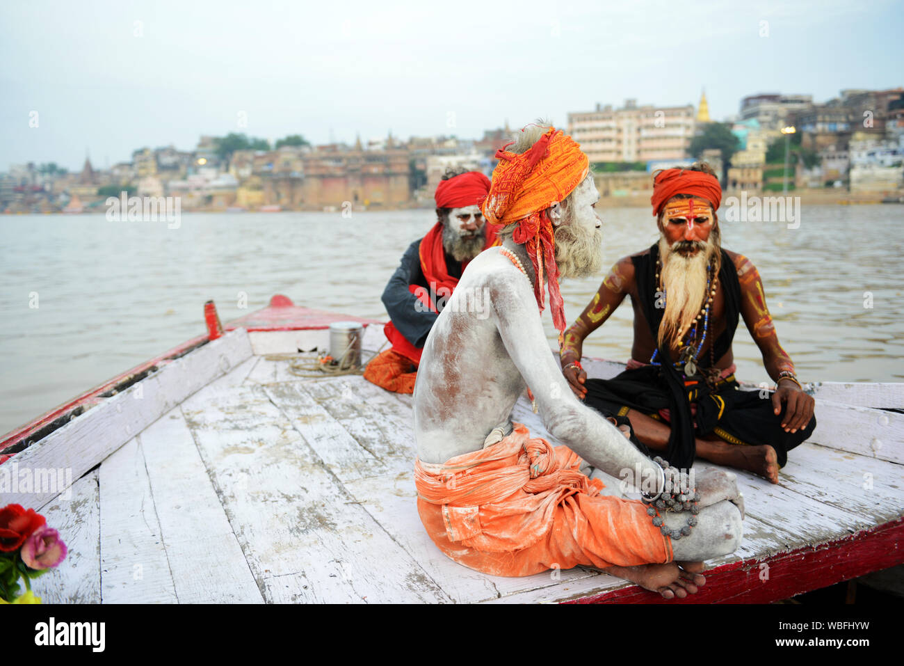 Shaiva sadhus in On the Ganges in Varanasi Stock Photo - Alamy