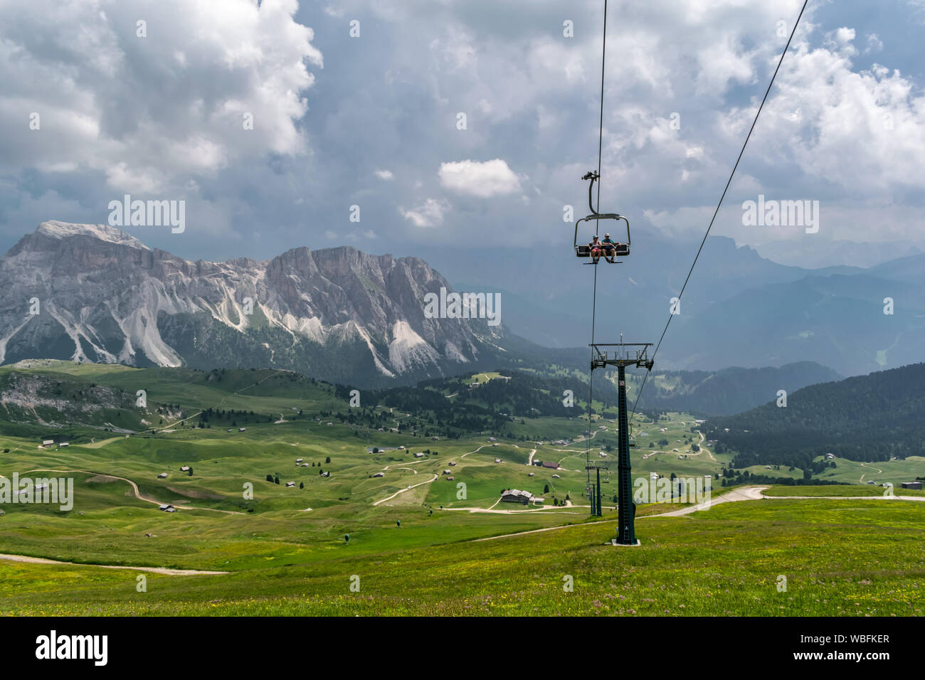 Seceda, Italy - July 25, 2019 : Sky lifts being used to trasport people ...