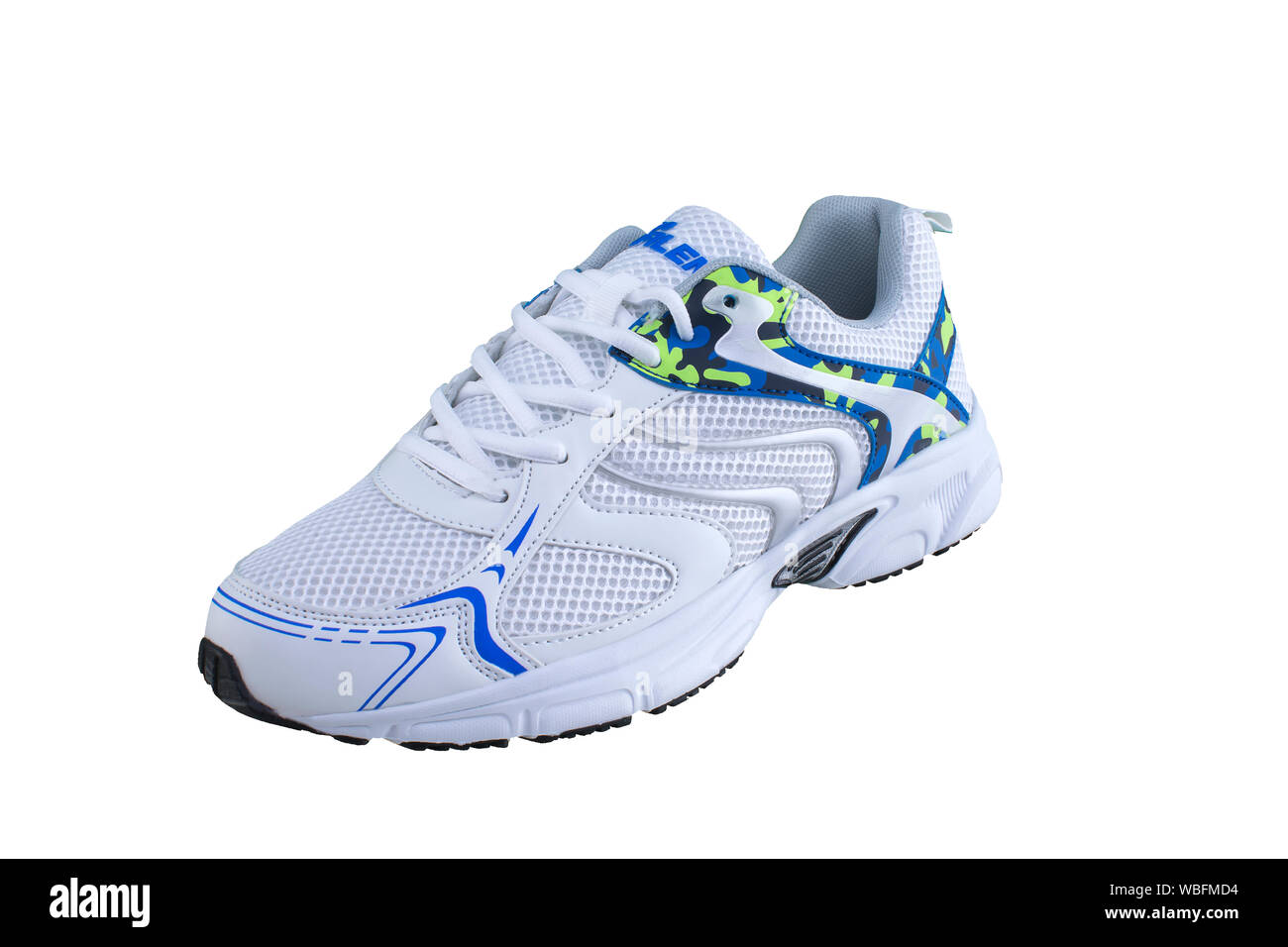 White sneakers with colorful accents on a white sole. Sport shoes on ...