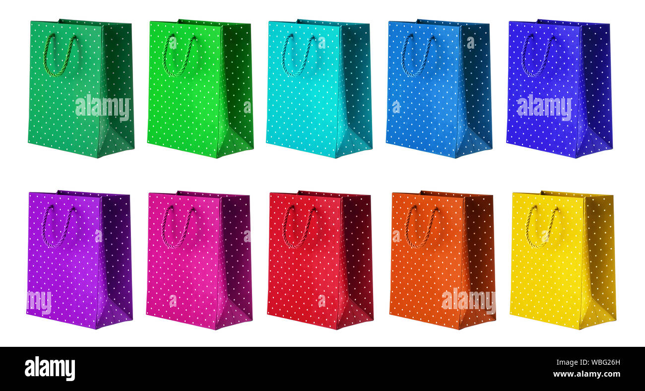 Color paper bags on white background Stock Photo - Alamy
