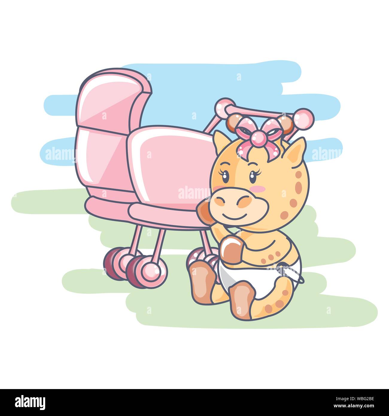 cute female giraffe baby animal in baby cart vector illustration design ...