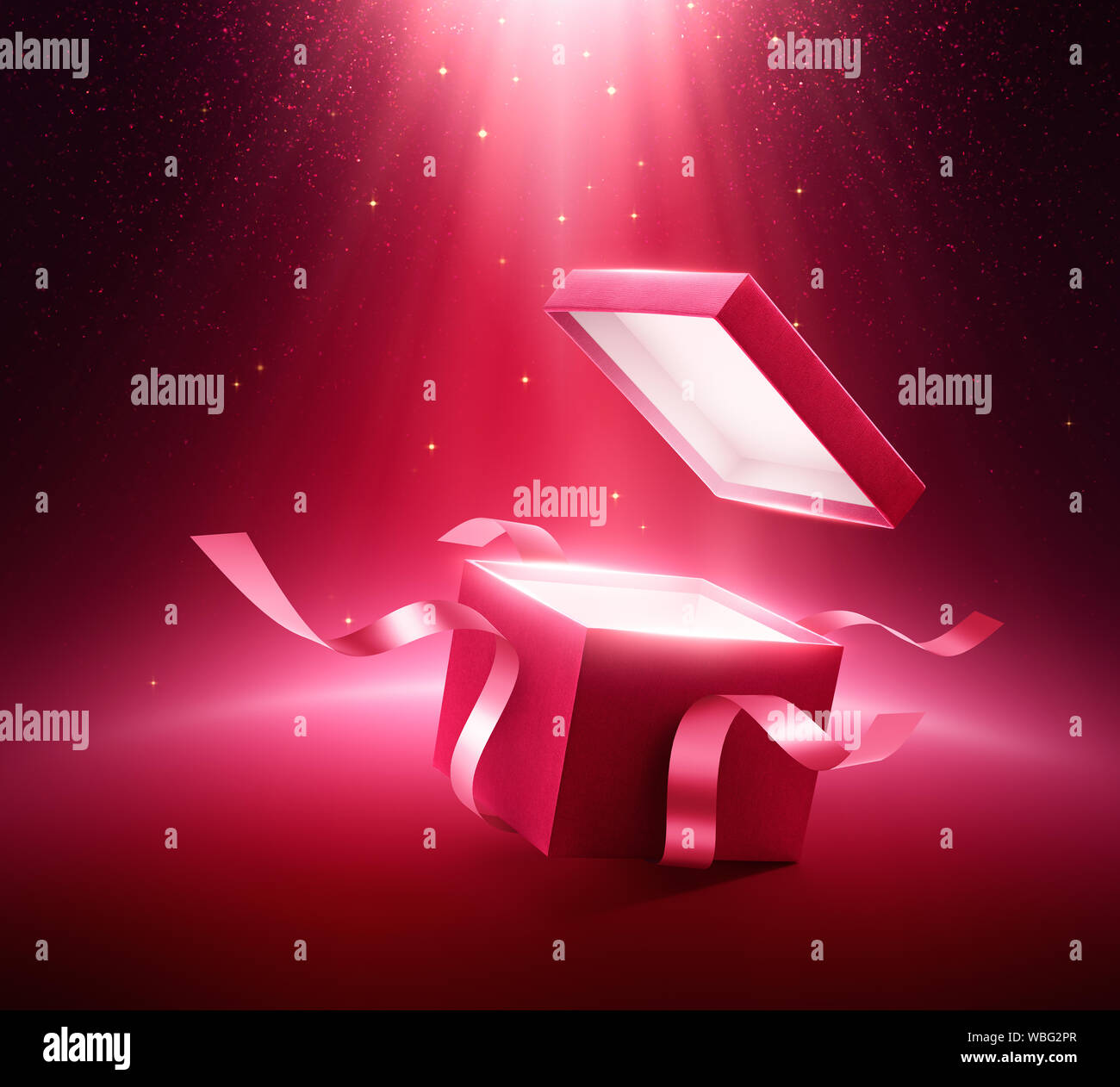 Red open gift box with ribbon on glittering background Stock Photo - Alamy
