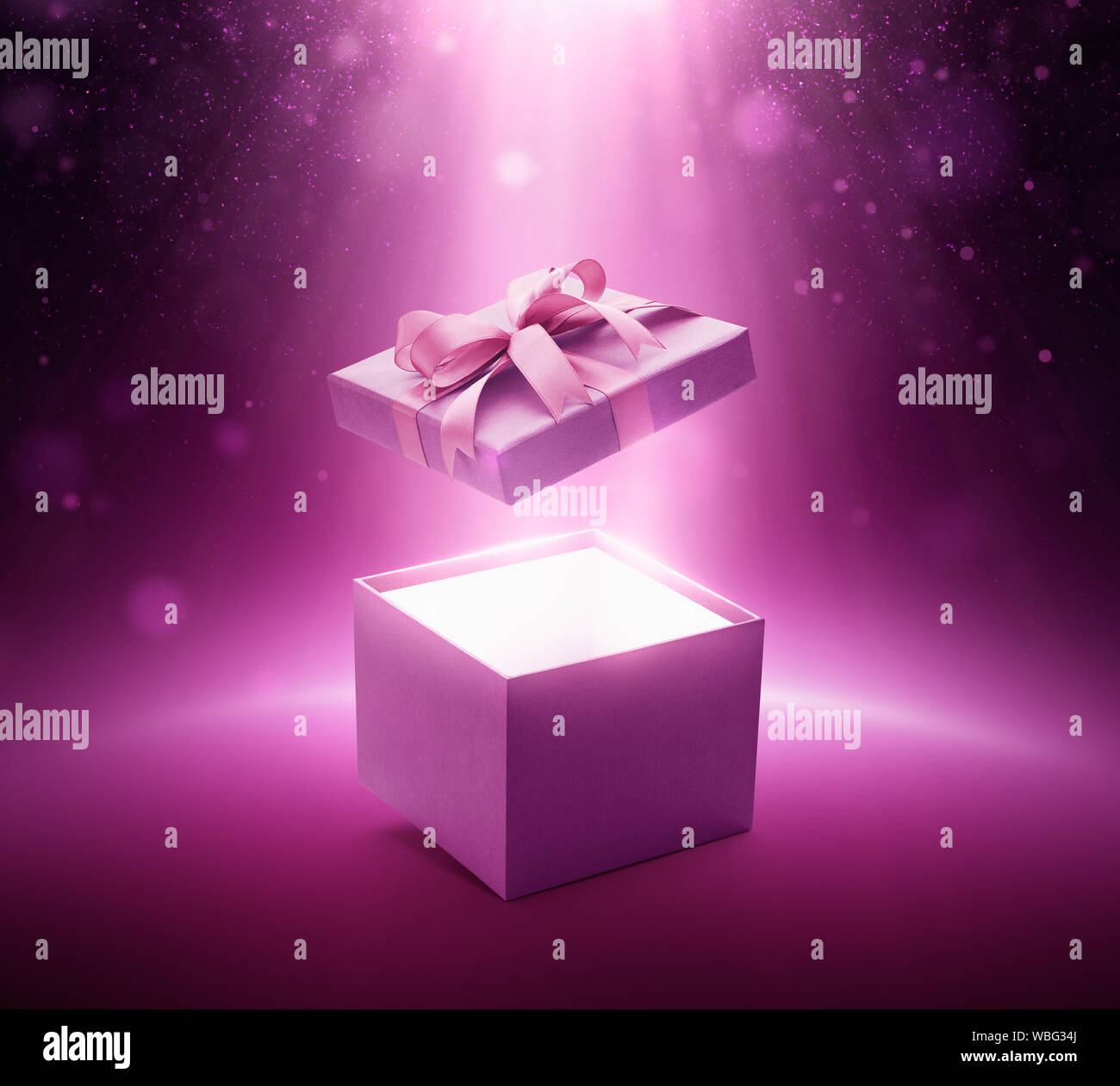 Purple color open gift box with ribbon on glittering background Stock ...