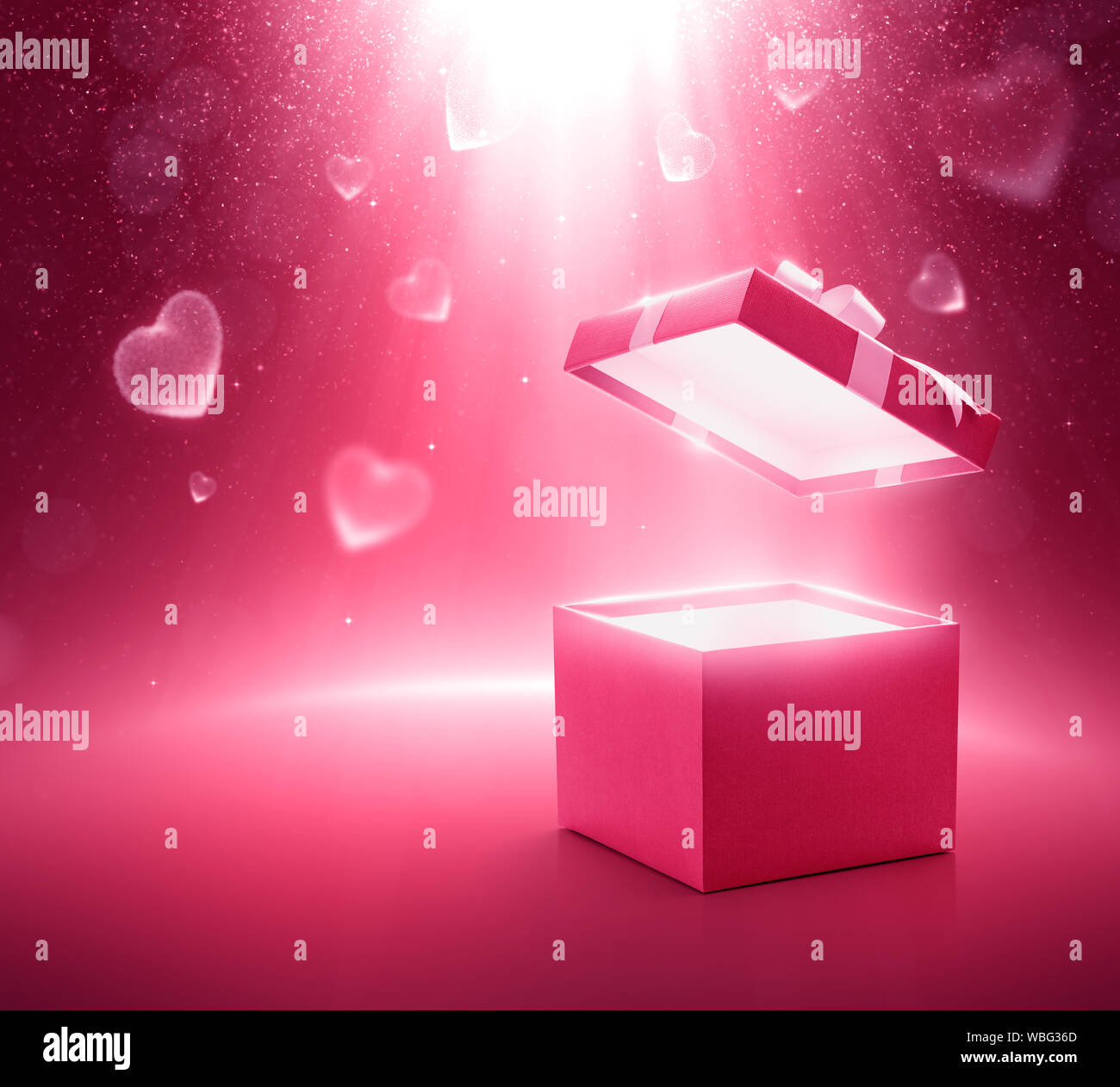 Pink color open gift box on glittering background Stock Photo - Alamy