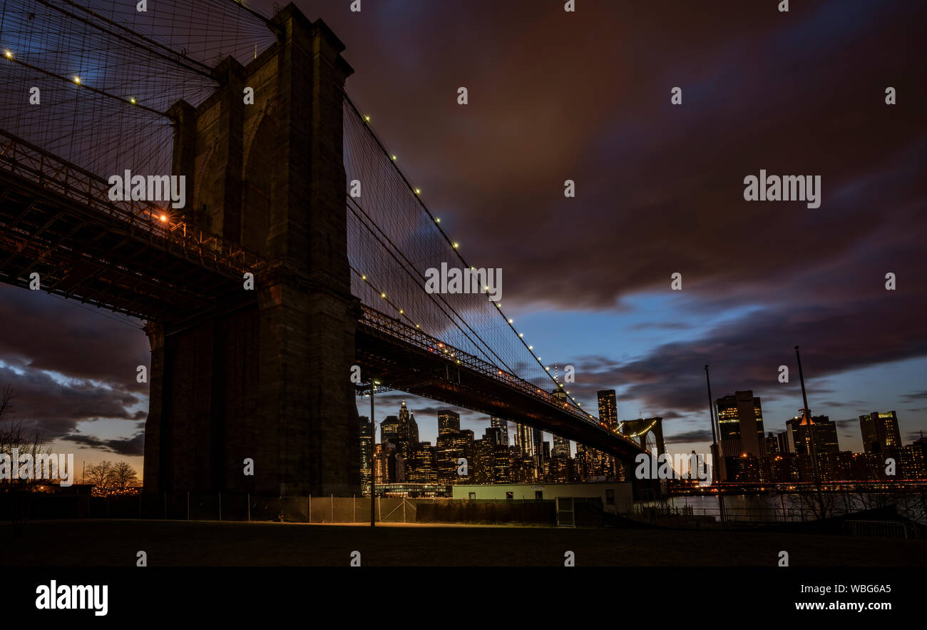 BROOKLYN, NEW YORK, MAR 27, 2018: Brooklyn Bridge, seen from Dumbo Park ...