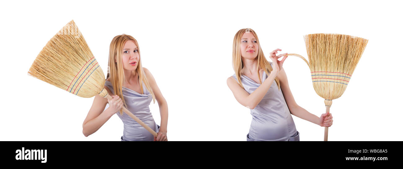 The young woman with broom on white Stock Photo - Alamy