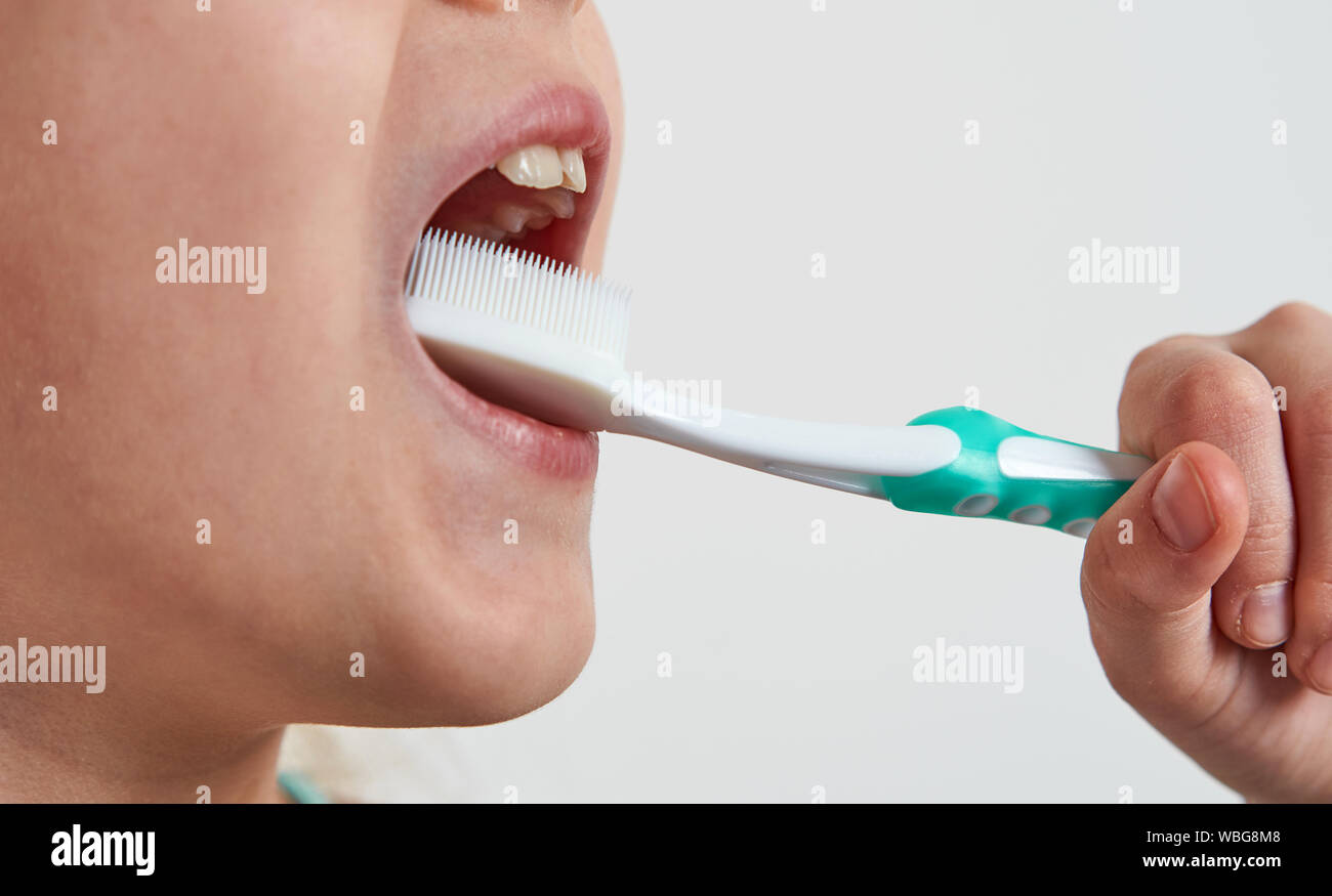 girl brushing her teeth close-up on white background Stock Photo - Alamy