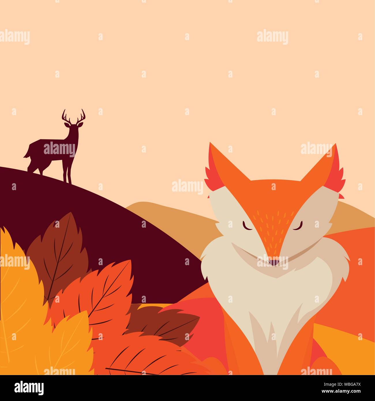happy autumn season fox deer mammal vector illustration Stock Vector ...