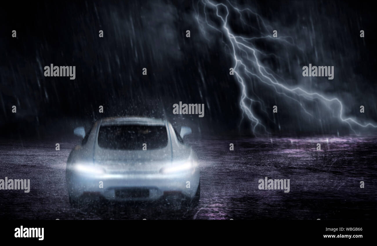 3D rendering the white sports car that focuses on the back, runs on a ...