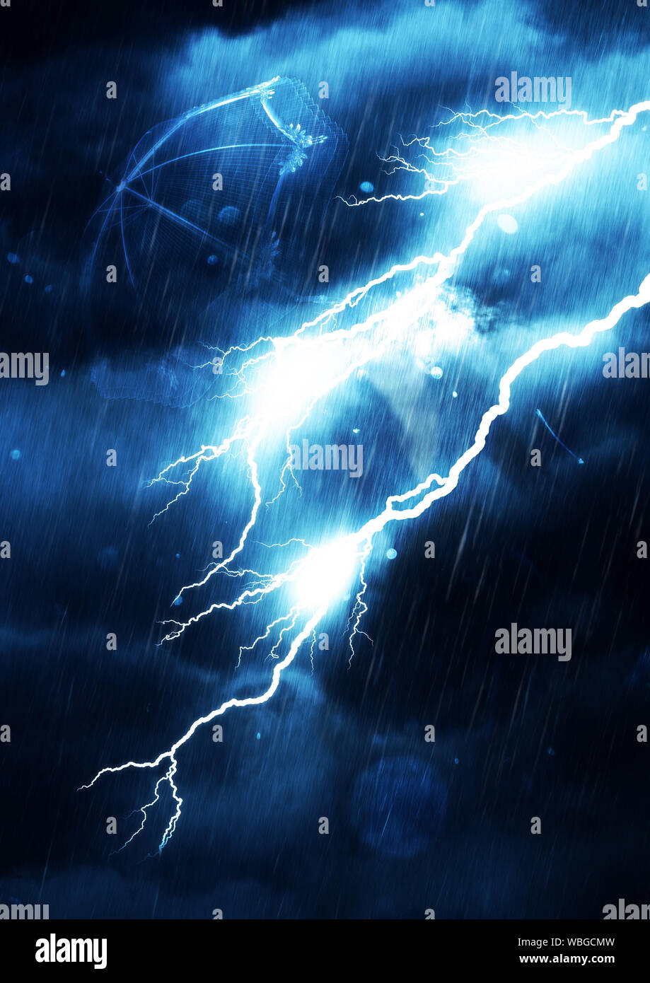 Abstract stormy background with umbrella under heavy rain and ...