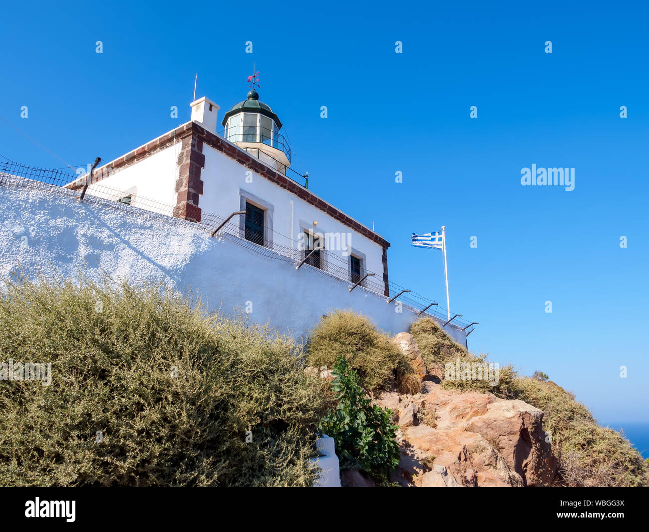Akrotiri Lighthouse (Faros) with clear sky - Santorini Greece Stock ...