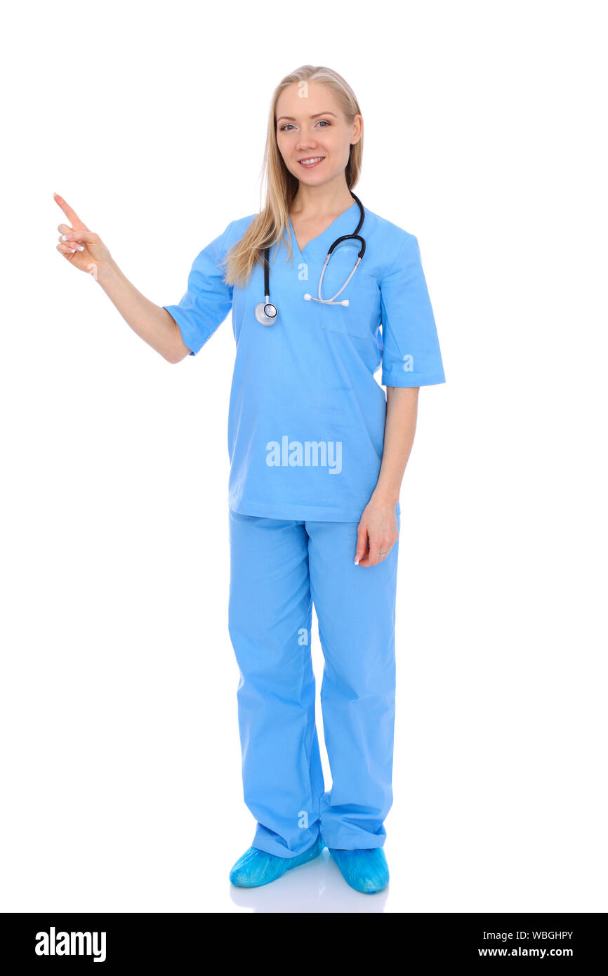 Doctor woman or nurse isolated over white background. Cheerful smiling ...