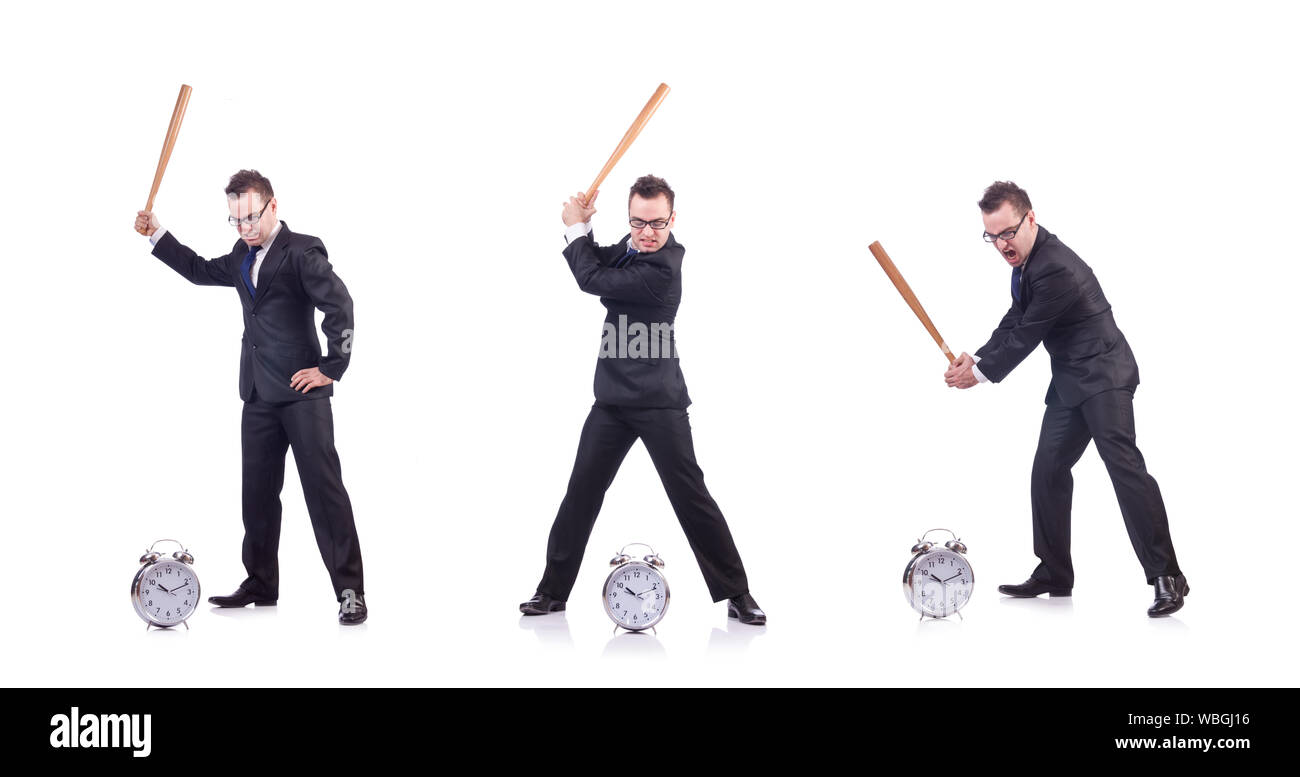 The man hitting the clock with baseball bat isolated on the white Stock ...