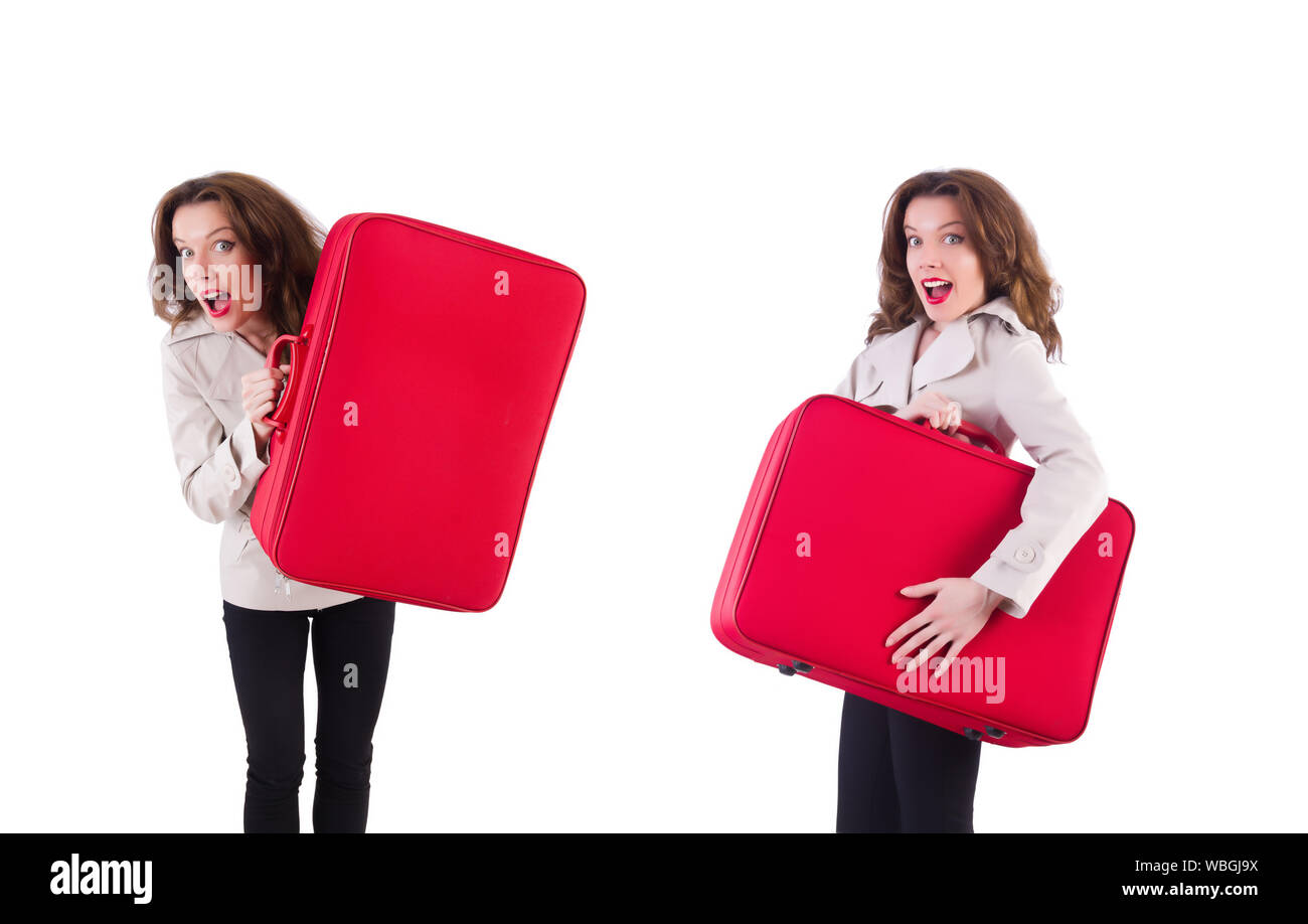 The positive beauty holding red suitcase isolated on white Stock Photo ...