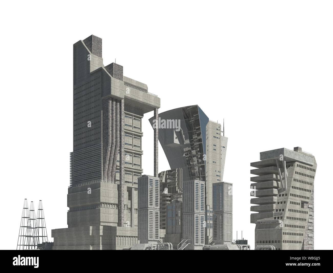 3D Illustration of futuristic buildings isolated on white background ...
