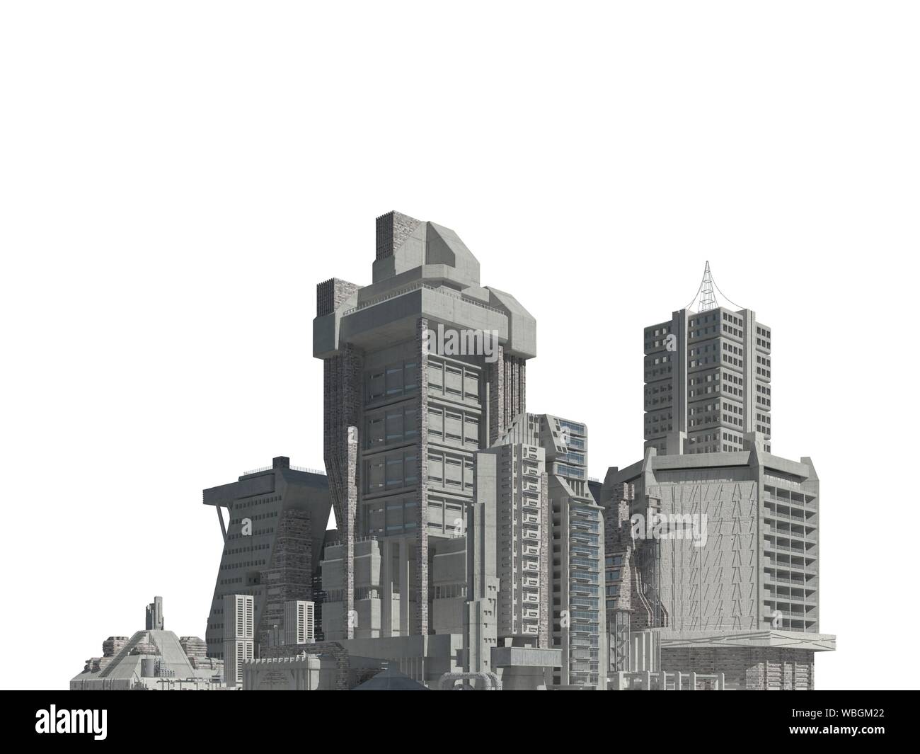 3D Illustration of futuristic buildings isolated on white background ...