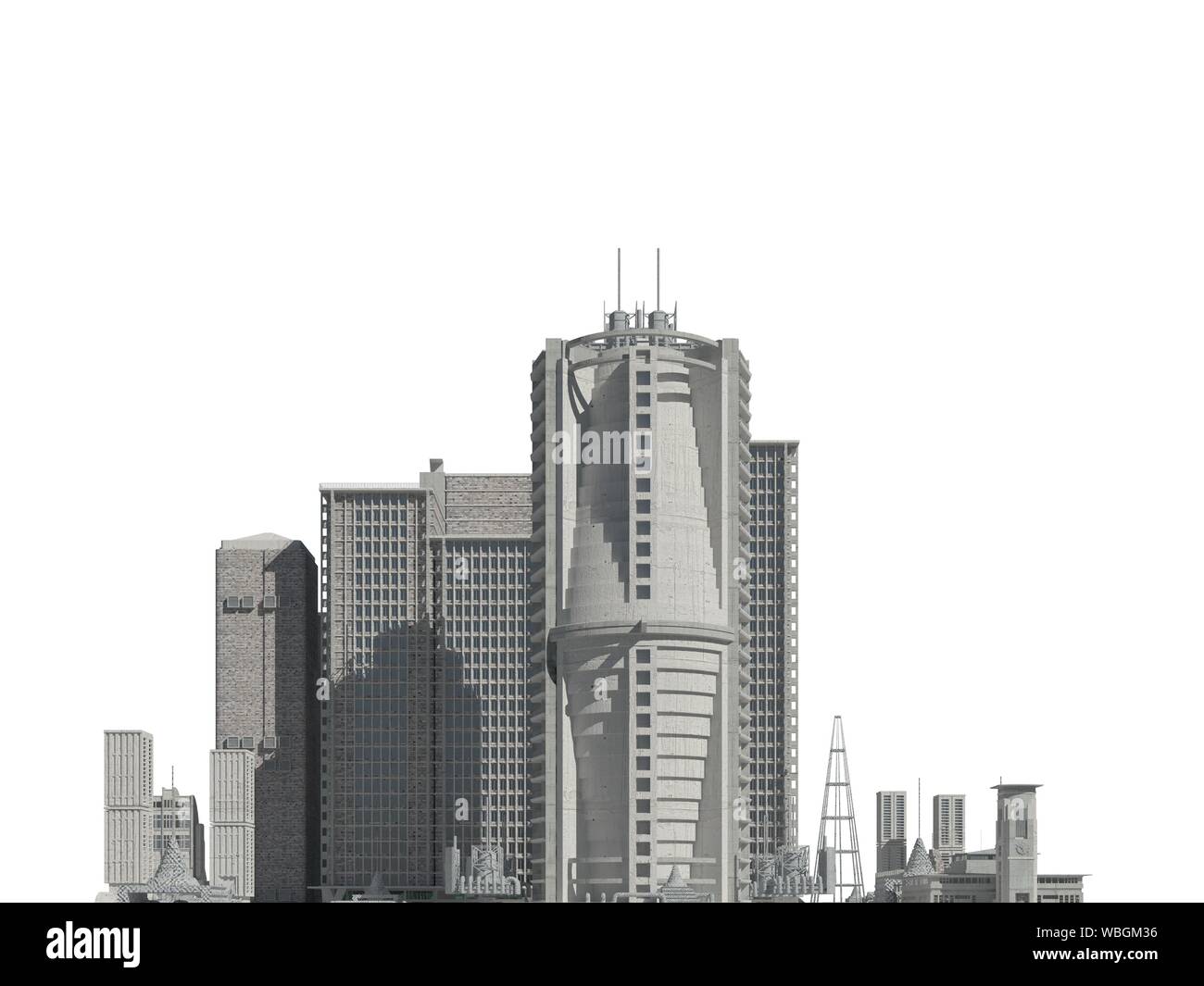 3D Illustration of futuristic buildings isolated on white background ...