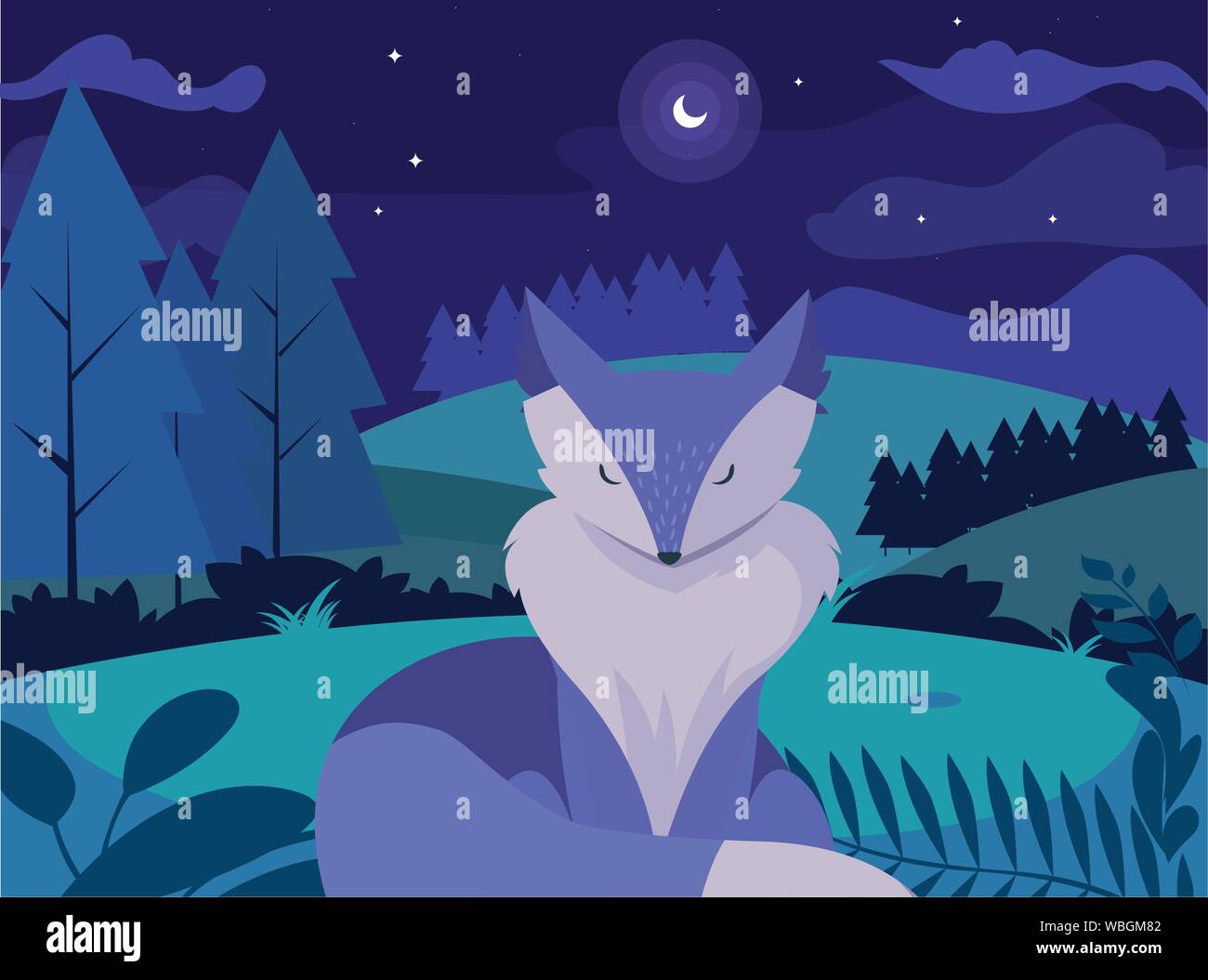 fox mammal happy autumn season night landscape vector illustration ...