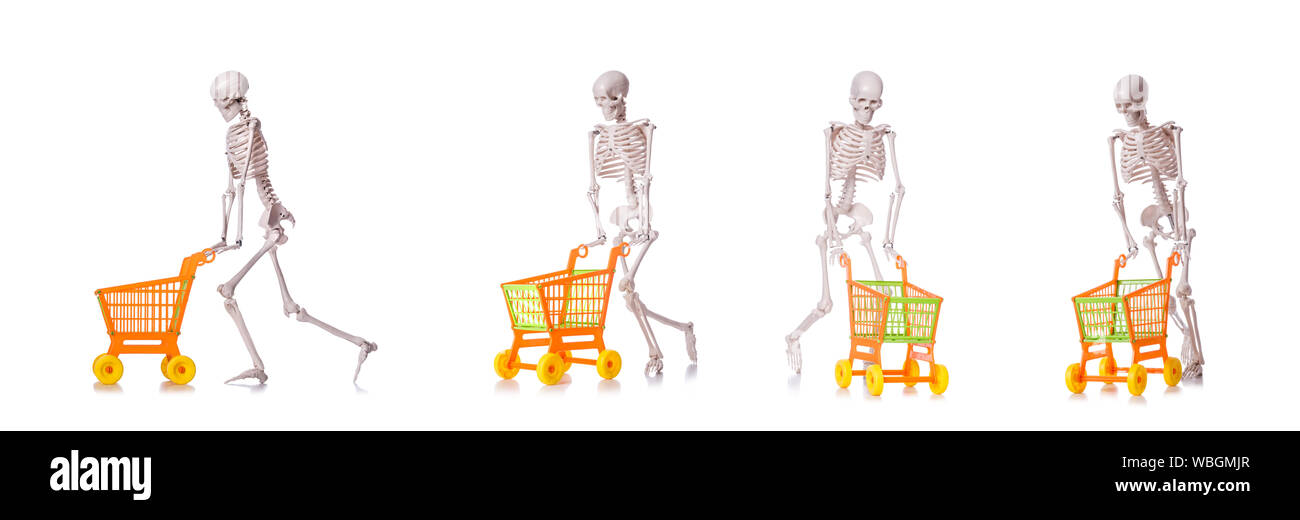 The skeleton with shopping cart trolley isolated on white Stock Photo ...
