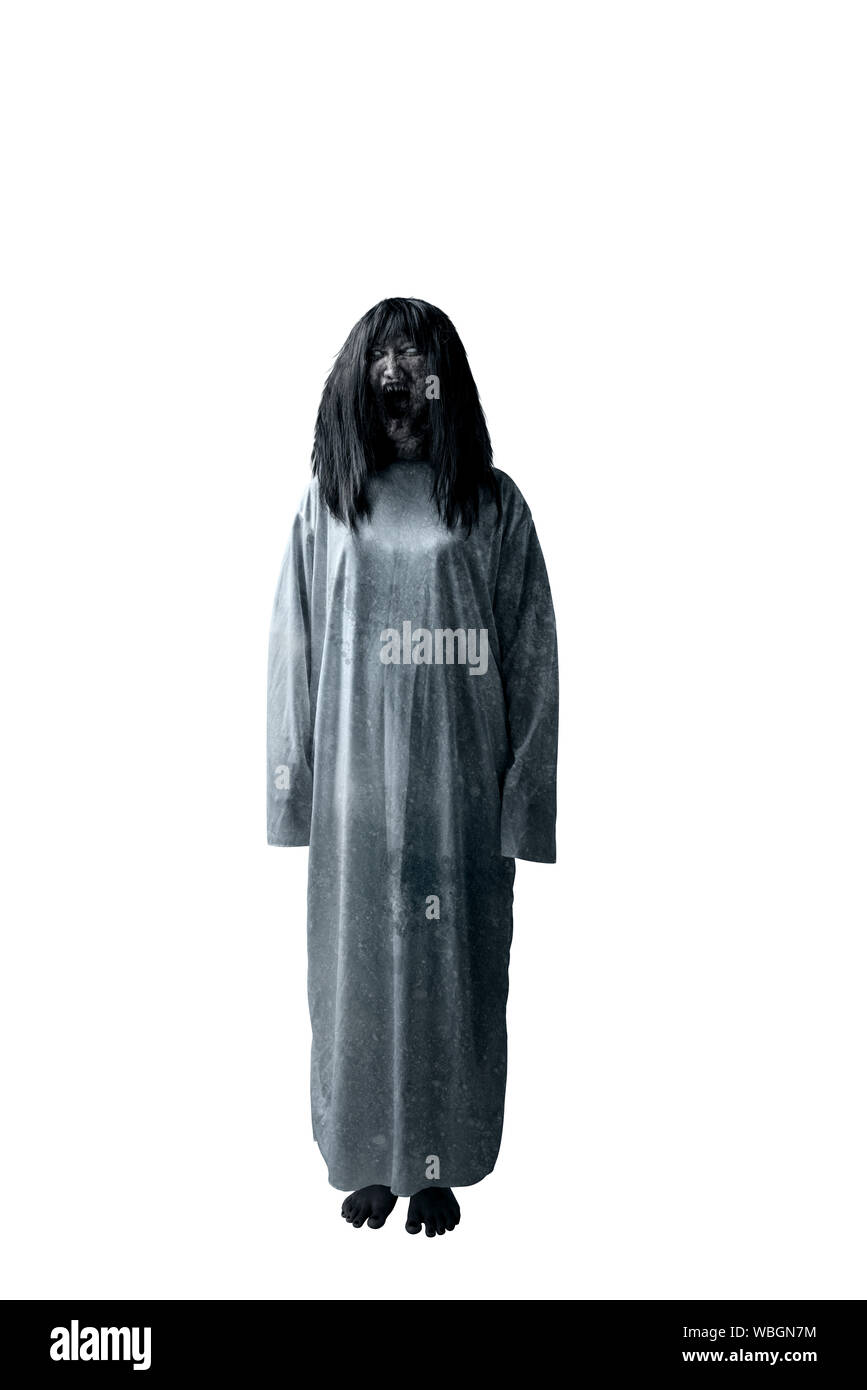 Scary ghost woman with blood and angry face isolated over white ...