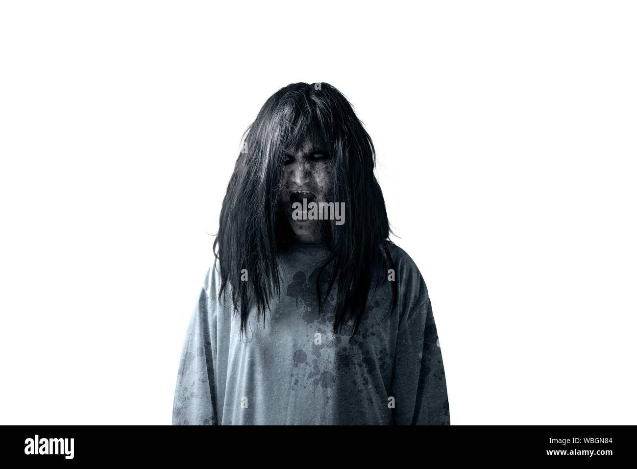 Scary ghost woman with blood and angry face isolated over white ...