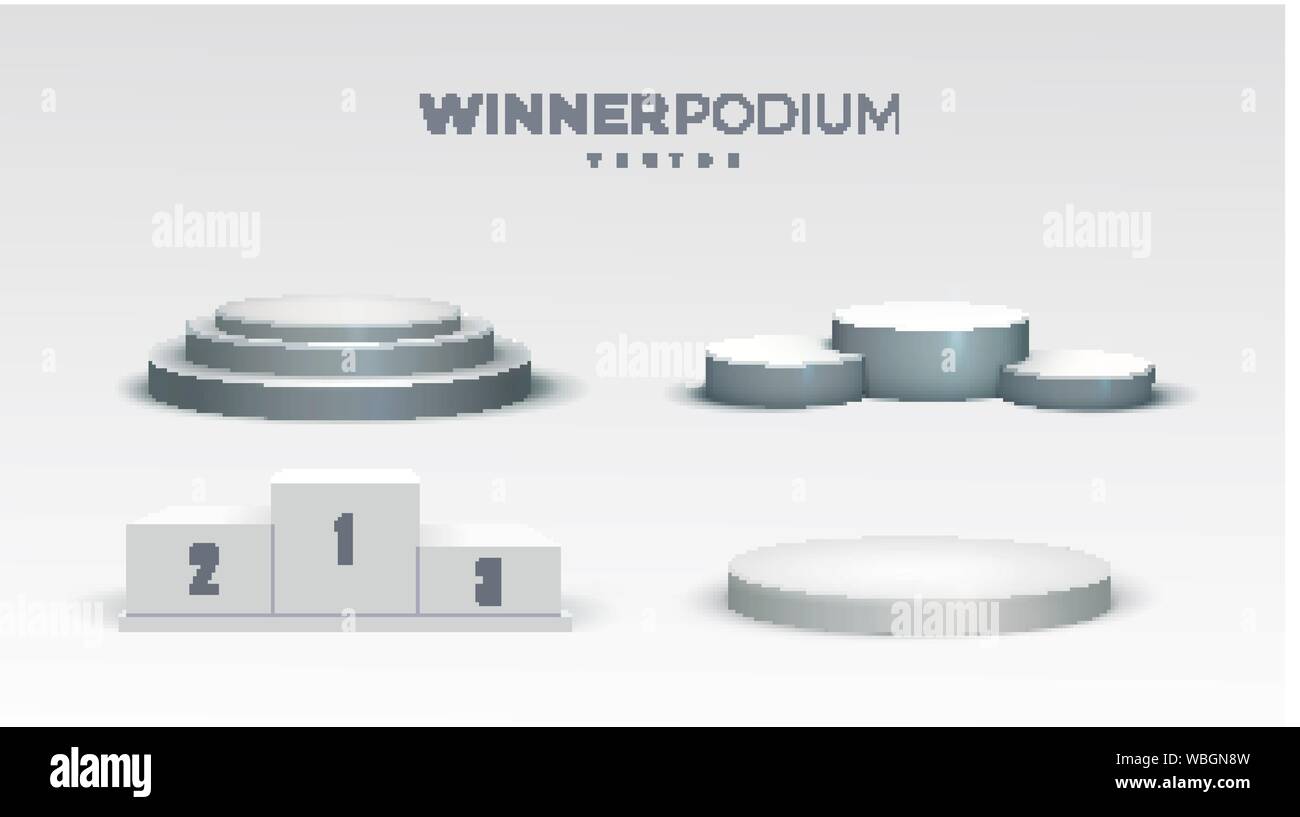 White podiums. Round and square 3d empty podium with steps. Showroom ...
