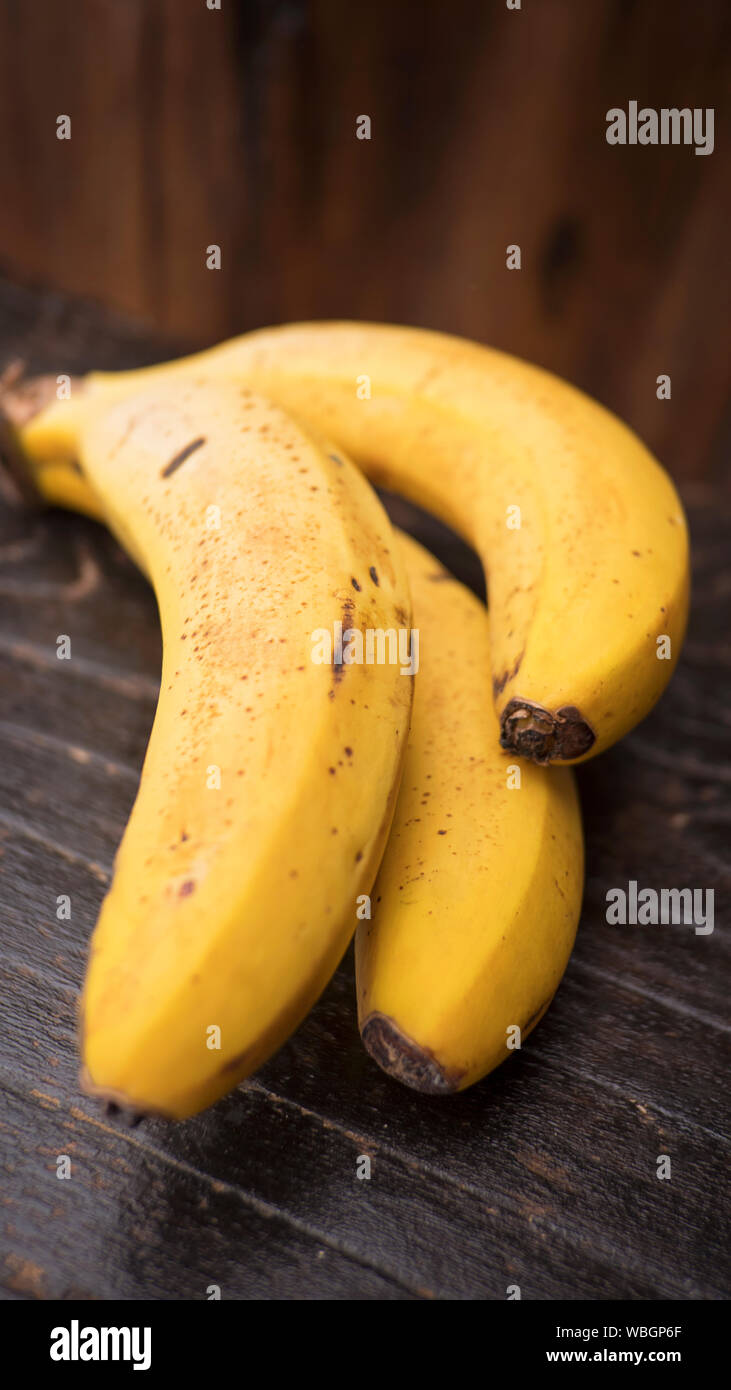 Three ripe Cavendish bananas with small bruises showing ripeness ...