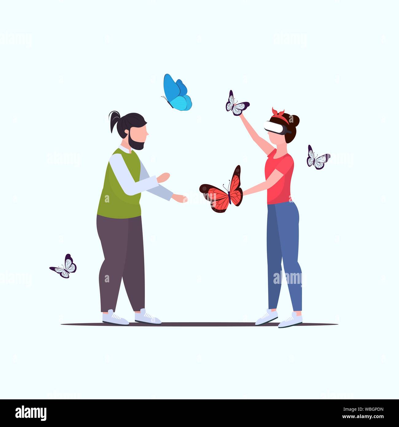 man looking at woman wearing digital glasses girl touching vr flying ...