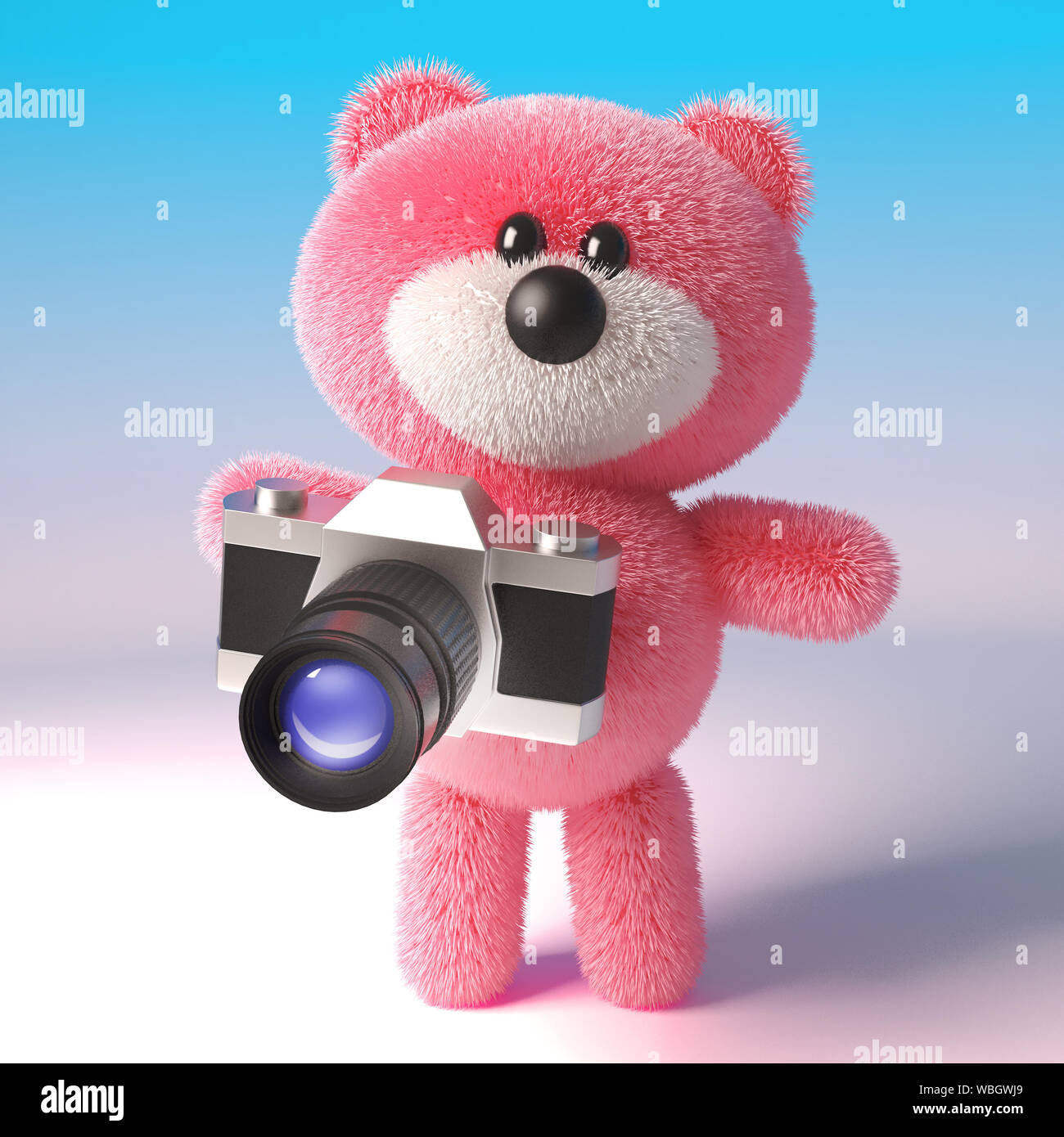 3d cute pink teddy bear character taking a photo with an old camera, 3d ...