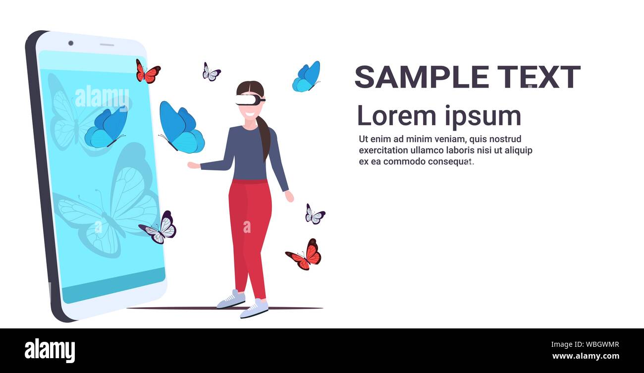 woman wearing digital glasses girl touching vr flying butterfly from ...