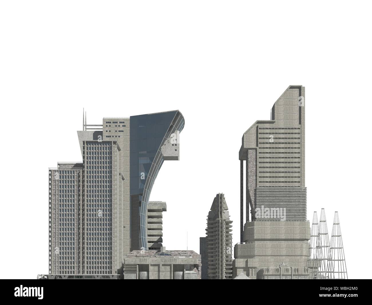 3D Illustration of futuristic buildings isolated on white background ...