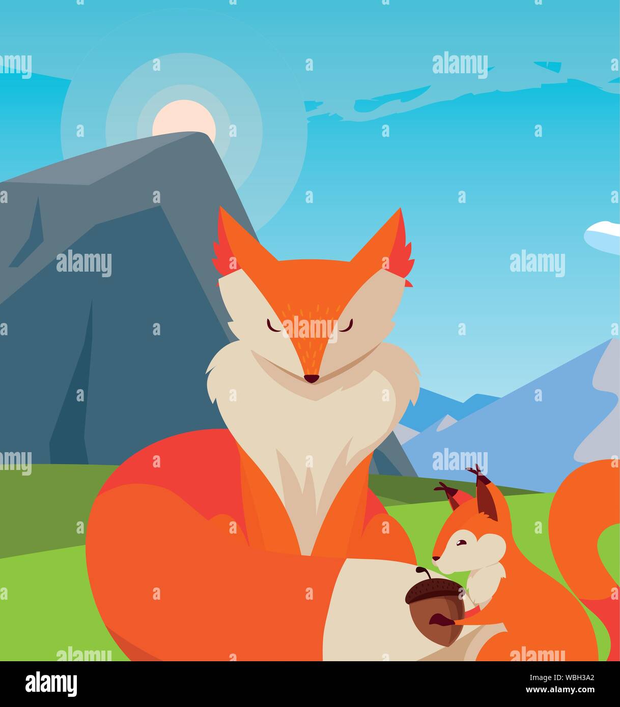 fox and squirrel happy autumn season landscape vector illustration ...