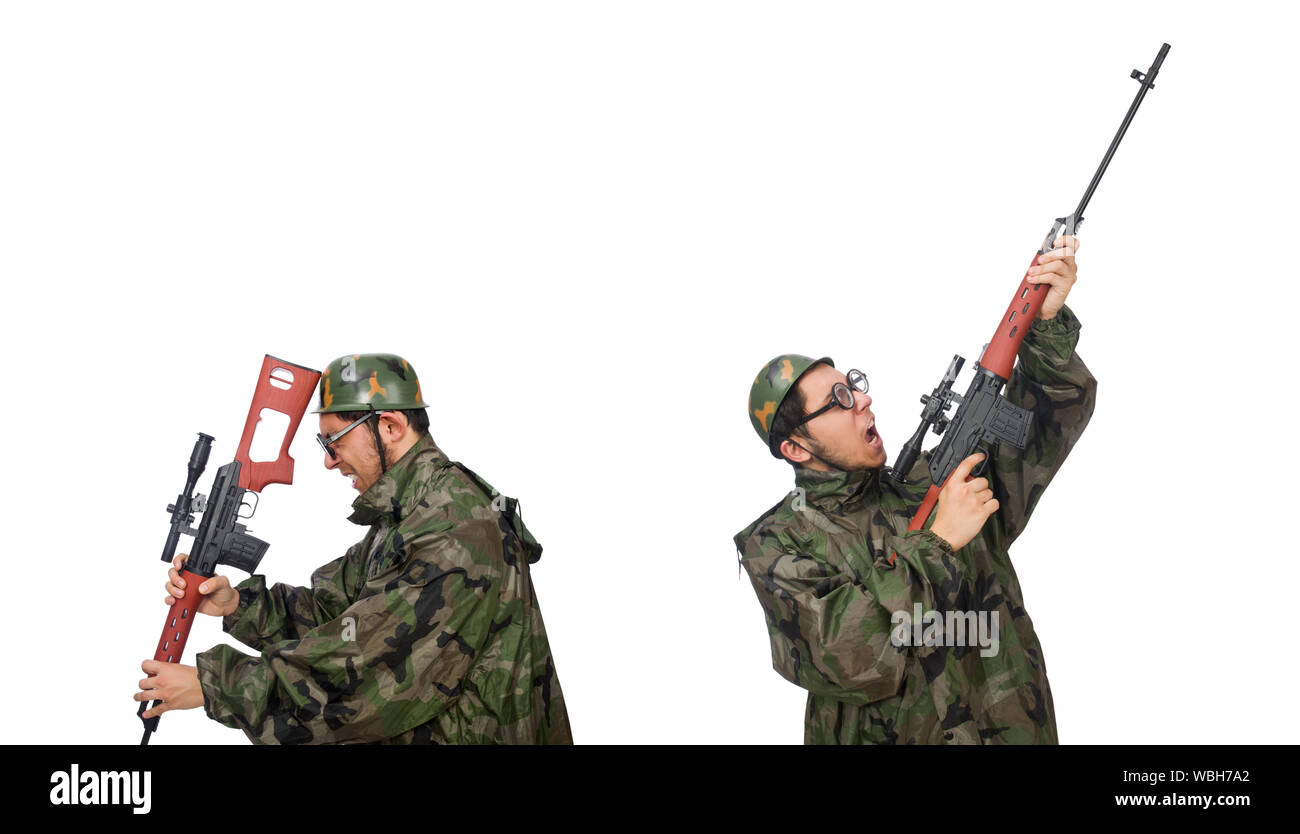 The military man with a gun isolated on white Stock Photo - Alamy